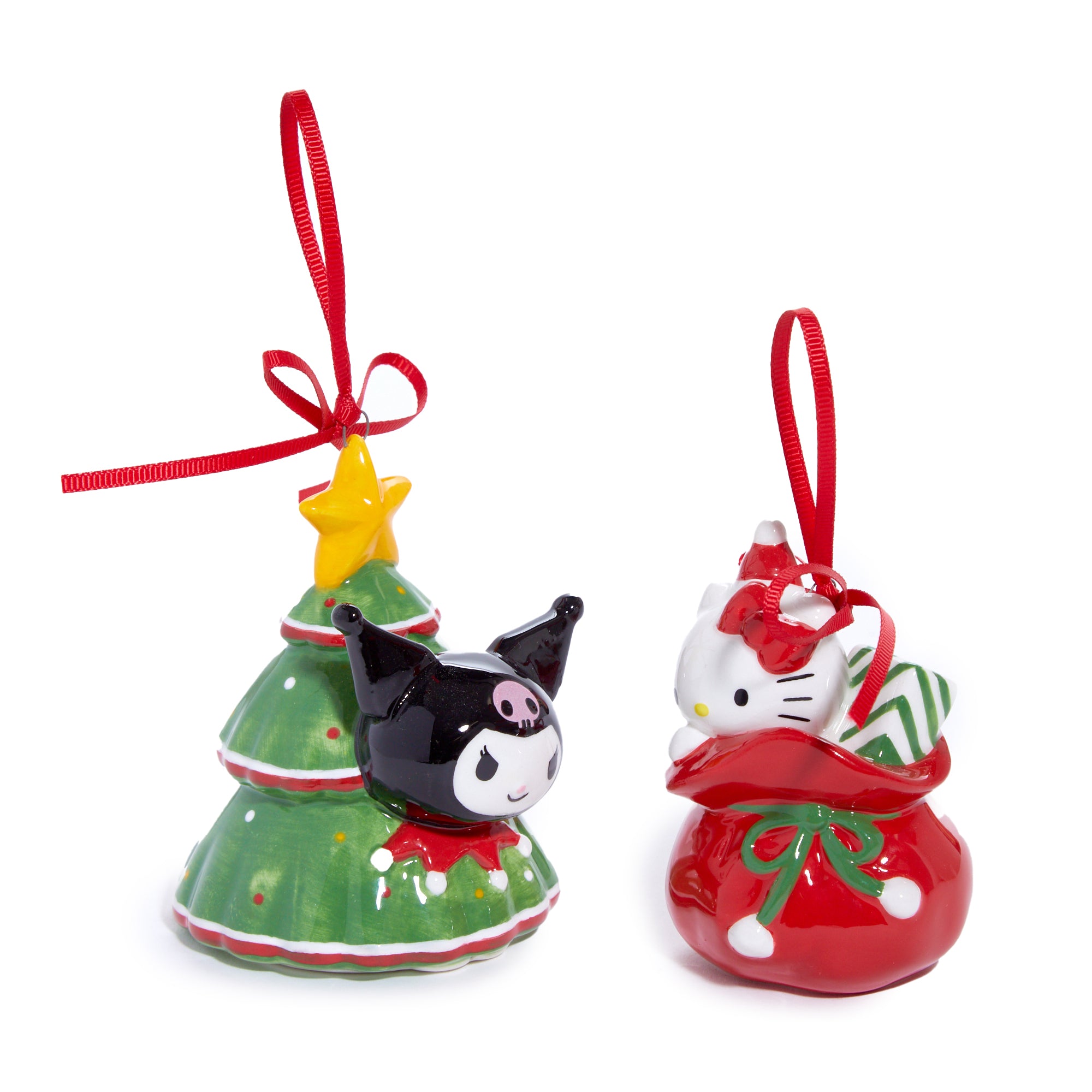 Hello Kitty and Kuromi 2-pc Holiday Ceramic Ornament Set (Red)