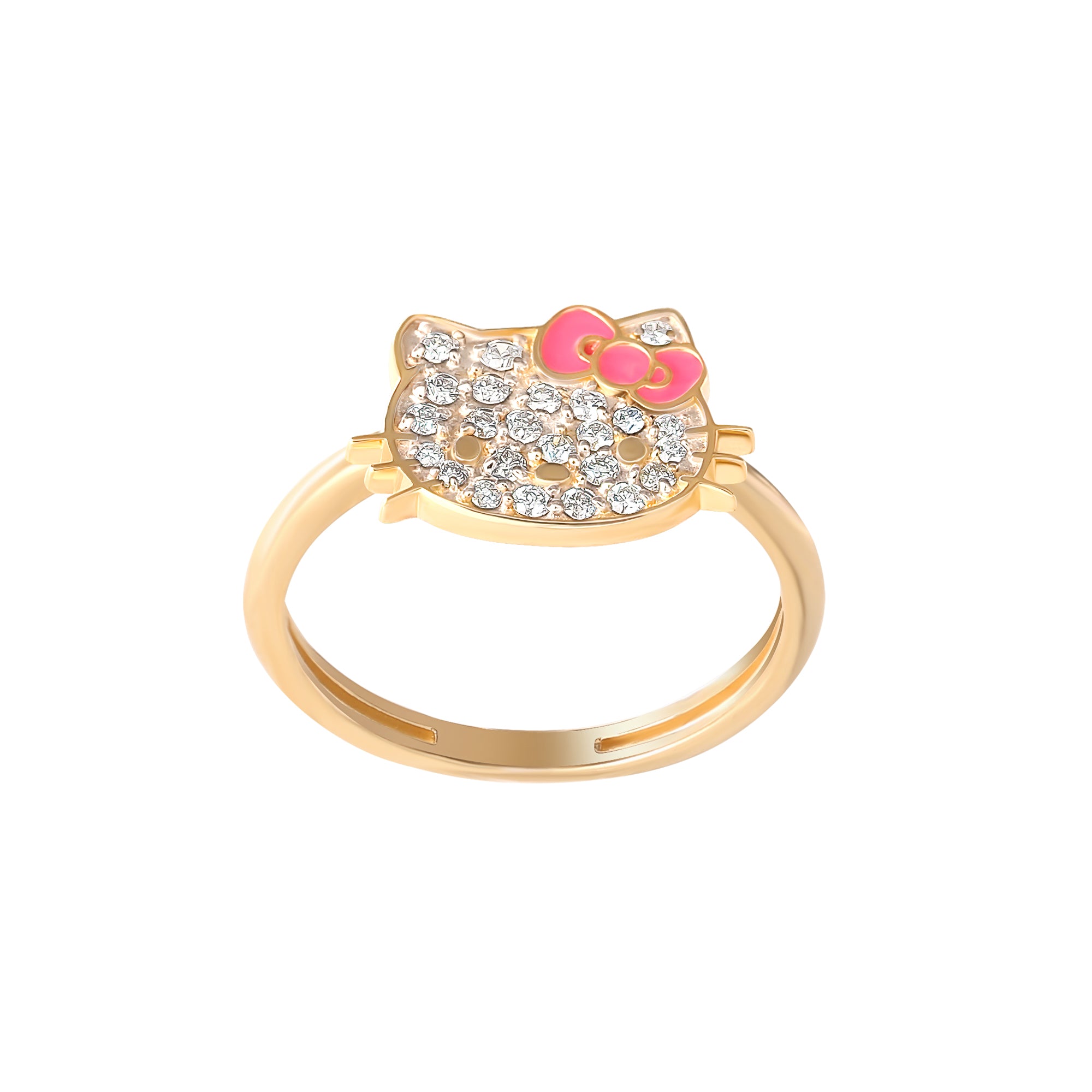 Hello Kitty 14K Yellow Gold Pavé Diamond Ring With Enamel Bow (Size 7
